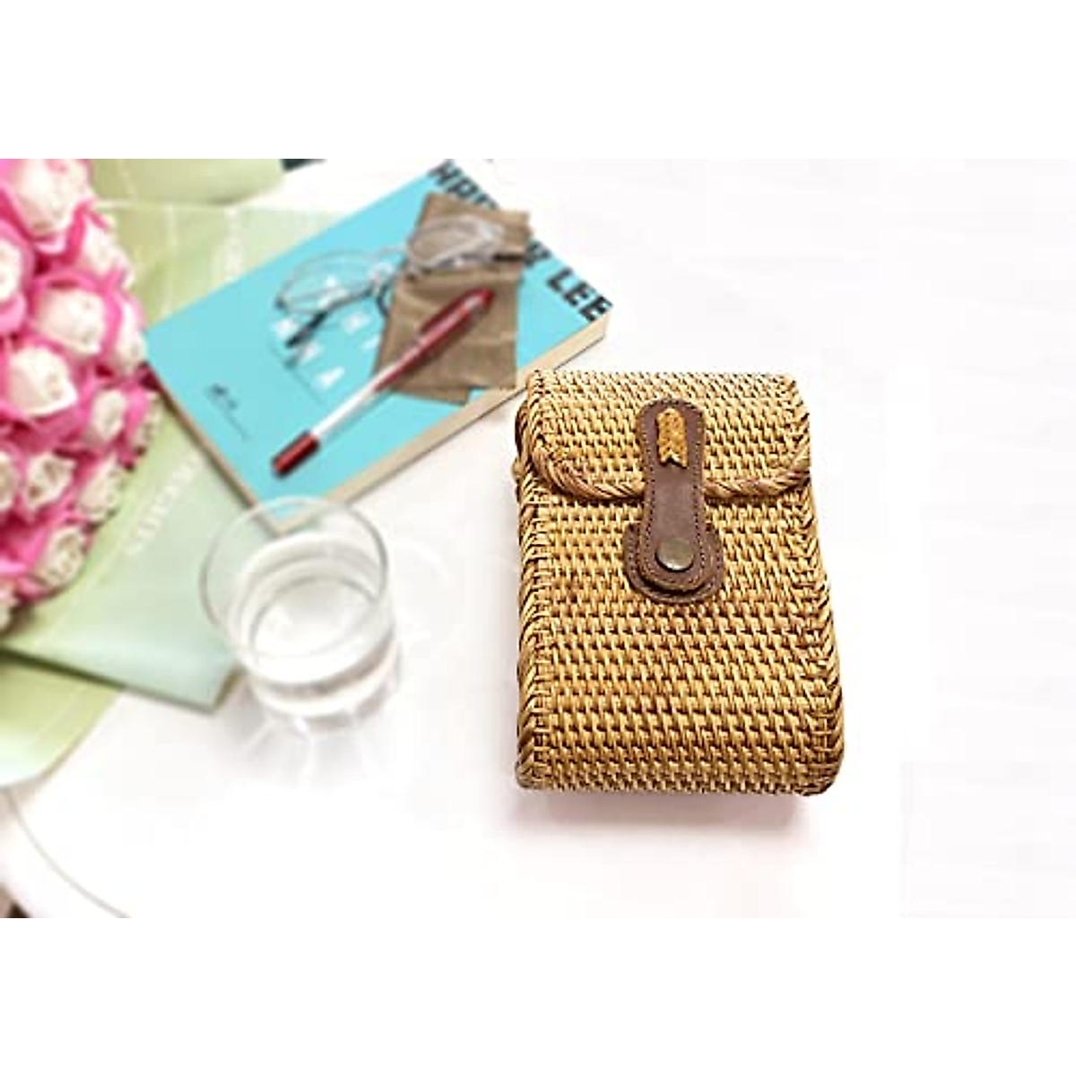 HAANCRAFTS HAAN Women Cellphone Handwoven Wicker Crossbody Wallet Boho Purse Oval Rattan Bag For Summer Beach - Natural Stylish & Chic – Shoulder Real Leather Adjustable Strap