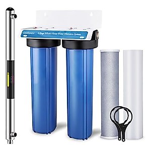 Geekpure 3 Stage Whole House Water Filter System with 4.5 x 20 Inch Housing 5 Micron PP Sediment + Carbon Filters +12 GPM UV Filter-1 Inch Brass NPT Port