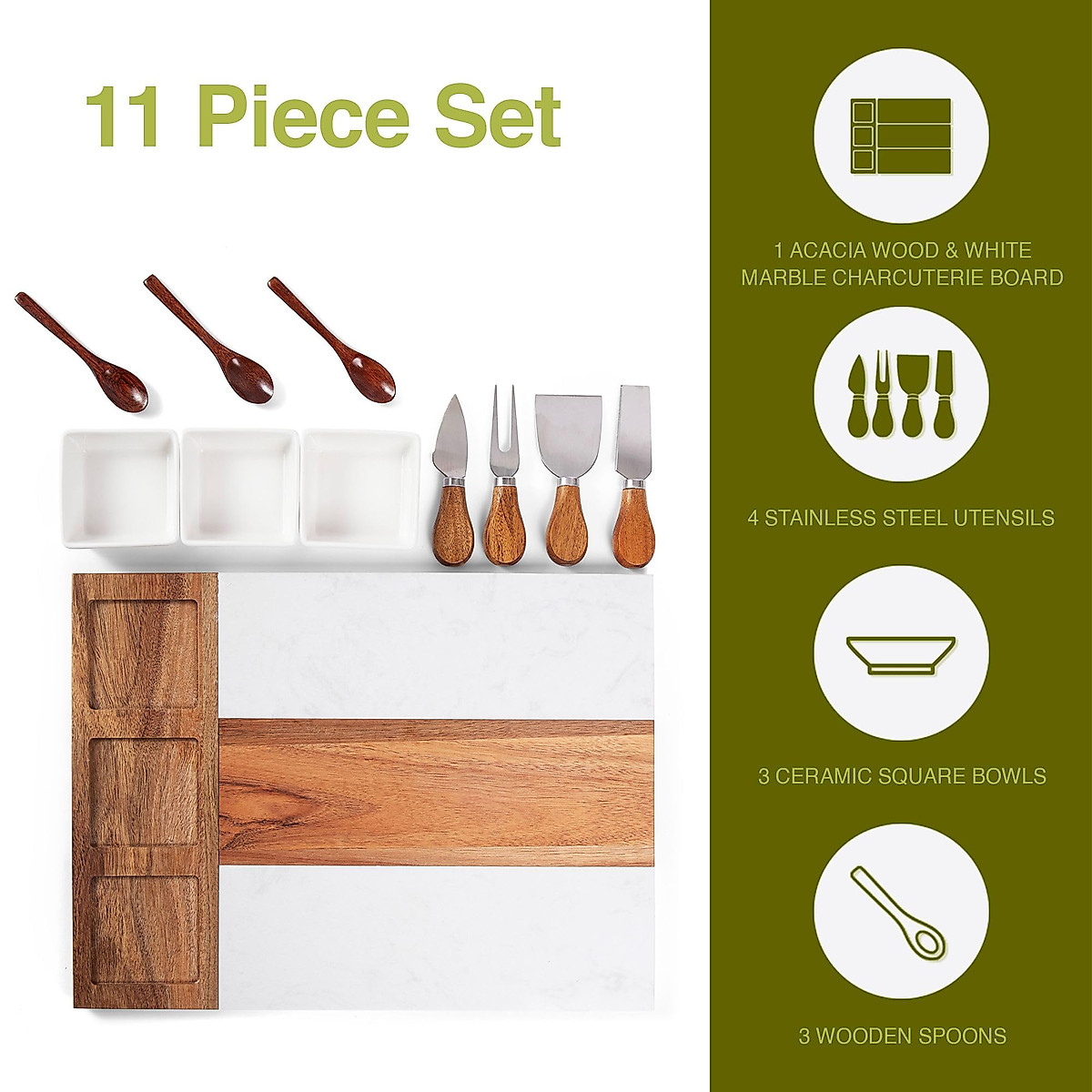 Acacia Wood and Marble Charcuterie Board Set - 11 Piece Cheese Board Serving Platter - Includes Knives, Bowls, Spoons - Gift Appetizer Board with Accessories - Housewarming and Holiday Unique Gift