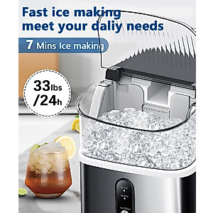 Joy Pebble Stainless Steel Ice Maker Countertop, 10,000pcs/33lbs/Day, Portable Nugget Ice Maker Machine with Handle, Self-Cleaning, Black