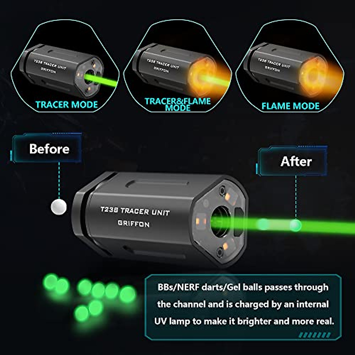 T238 Airsoft Tracer Unit, 14 CCW Thread Tracer Unit with Dynamic Gunfire Tracer for Small Airsoft/Gel Ball Blasters Accessories (Black)