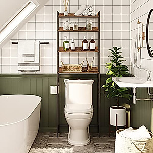 ALLOSWELL Bathroom Over Toilet Storage Cabinet, 4-Tier Over The Toilet Storage Rack, Multifunctional Toilet Organizer Rack with 2 Hooks, Spacer Saver, Stable, Rustic Brown TSHR0401