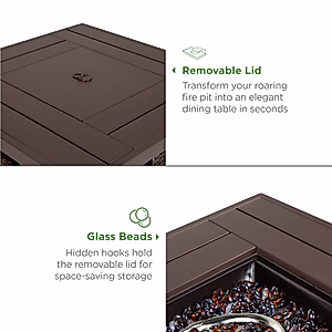 Best Choice Products 28in Gas Fire Pit Table, 50,000 BTU Outdoor Wicker Patio Propane Firepit w/Faux Wood Tabletop, Clear Glass Rocks, Cover, Hideaway Tank Holder, Lid - Brown