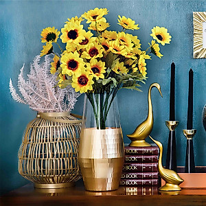 AUNTY 10 Bunches Mini Artificial Silk Sunflowers Fake Sunflowers Bouquet with Long Stems Decorations for Party Indoor Outdoor Home Décor Garden DIY Table Arrangements Decoration