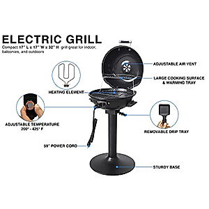 Homewell Electric BBQ Grill for Indoor & Outdoor Grilling with Warming Rack - Portable Patio Grill 1600 Watts (Black)