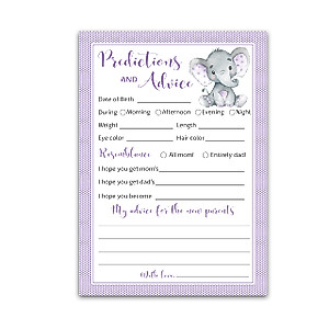 PURPLE ELEPHANT Prediction and Advice Cards - Pack of 25 - Girl Boy Baby Shower Games, New Parents, Mom & Dad to be, Mommy & Daddy Message, Couples Coed Shower Activity Keepsake Book G503-PDAV