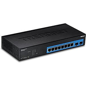 TRENDnet 10-Port Gigabit Web Smart Switch, 20 Gbps Switching Capacity, 8 x RJ-45 Ports, 2 x SFP, Slots, VLAN, QoS, LACP, IPv6 Support, Fanless, Rack Mountable, Lifetime Protection, TEG-082WS Black