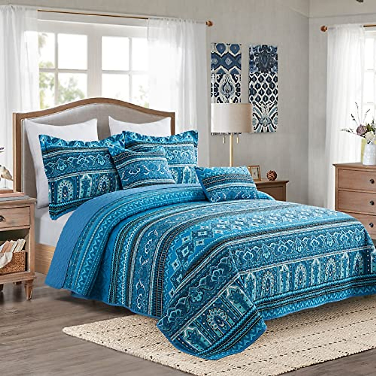 TWINRUN Boho 2 Quilt Sets King Size,Microfiber King Reversible Coverlets+Cotton Lightweight Quilted Bedspread Set