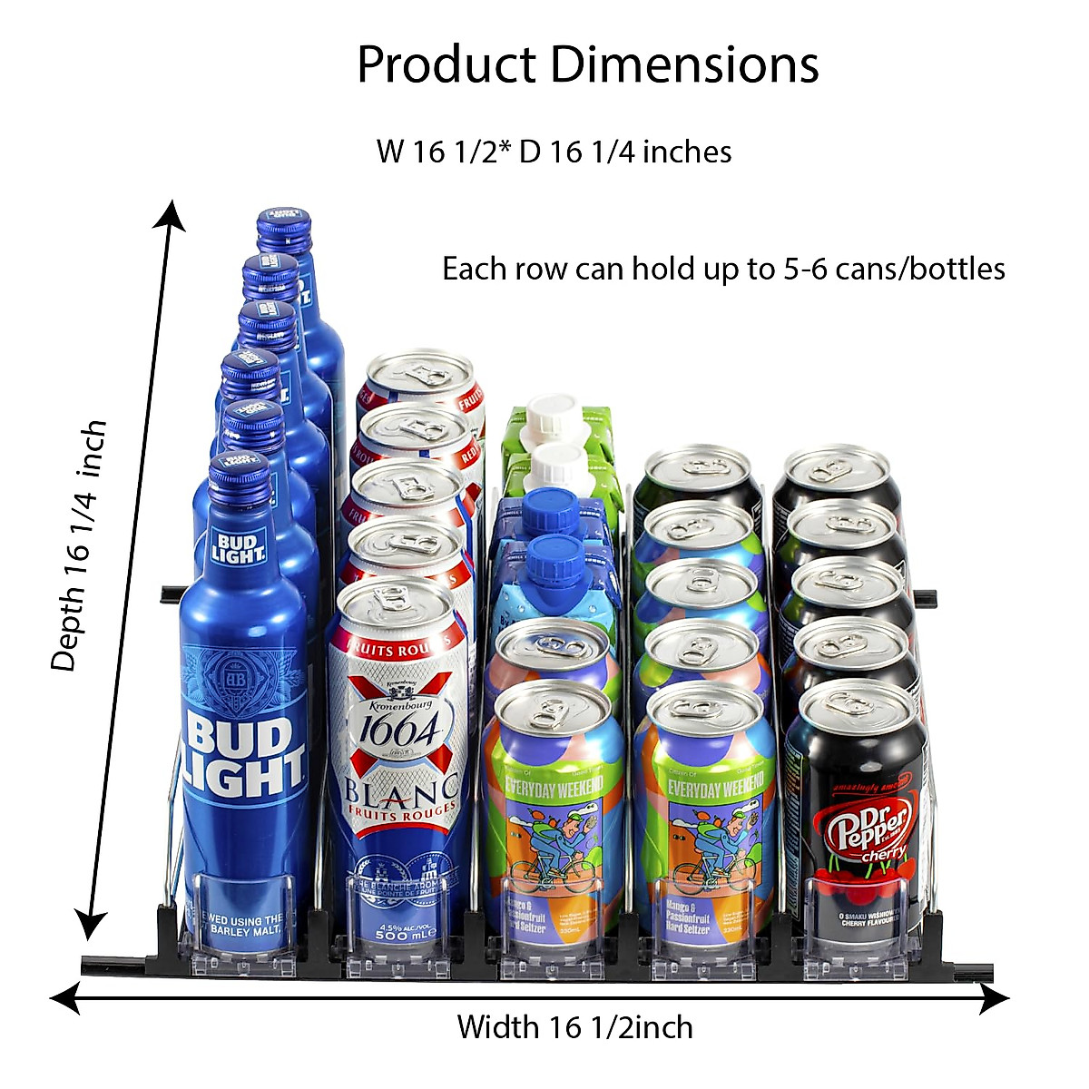 RULA Drink Organizer for Fridge, Self-Pushing Soda Can Dispenser for Refrigerator, Width Adjustable Water Bottle Pusher Glide, 16.2" D, 5 Rows, Black