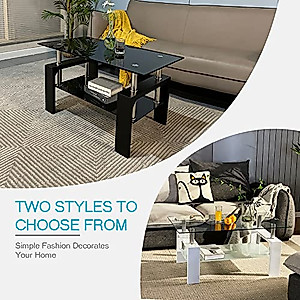 Btrpily Living Room Rectangle Coffee Table, Tea Table Suitable for Waiting Room, Modern Side Coffee Table with Wooden Leg, Glass Tabletop with Lower Shelf, 39.5D x 23.5W x 17.5H in, Black