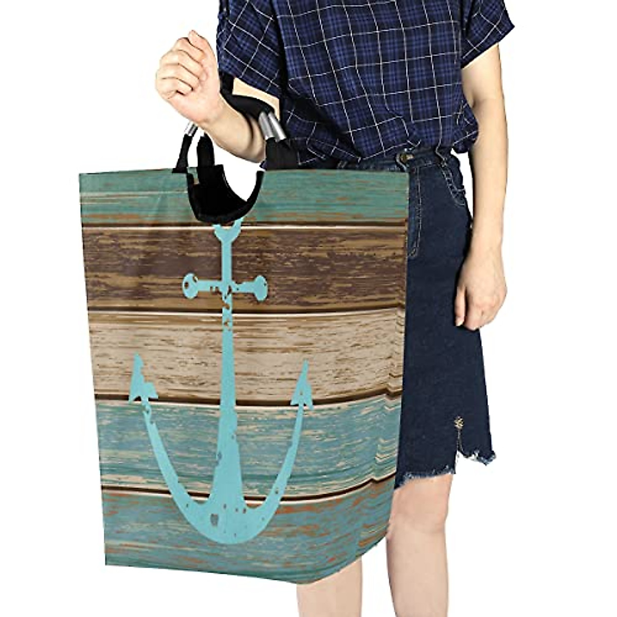 Nautical Anchor Large Laundry Hamper, Wooden Texture Laundry Baskets with Handle, Oxford Storage Basket, Portable Folding Clothes Hamper for Nursery, College Dorm, Bedroon, Bathroom
