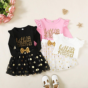 LYSMuch Toddler Kids Baby Girl's Birthday Outfits Princess Vest Sleeveless Shirt Mesh Tutu Skirt Set (Black Birthday Princess Long sleeve,7-8 Years)