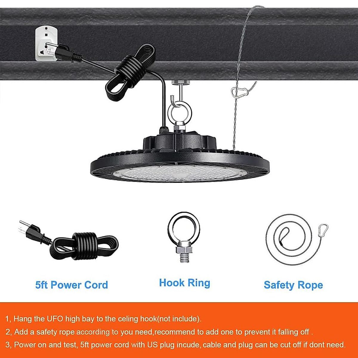 Gugsey LED High Bay Light, 200W 28000lm 5000K High Bay Led Shop Light with Plug 5' Cable and Hook Ring, UFO High Bay Led Lights for Garage Gym Warehouse Workshop