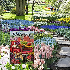 Artofy Welcome Spring Summer Red Truck Home Decorative Garden Flag, House Yard Dog Flower Pickup Outside Decor, Puppy Farmhouse Outdoor Small Burlap Decorations 12x18