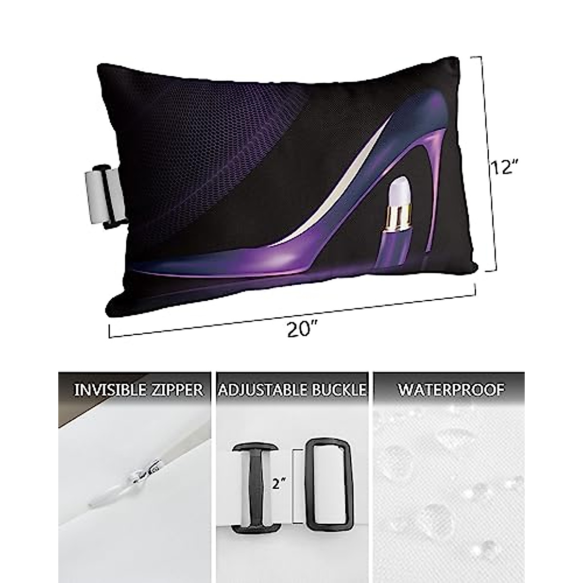 YOKOU Throw Pillow Covers Cases, Purple Lipstick and High Heel Black Durable Waterproof Cushion Covers with Strap, Ideal for Couches, Cars and Beach Chairs, 2pcs-12"X20"
