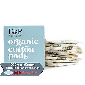 TOP the organic project: Ultra Thin Super (Night) Absorbent Pads w/Wings - Certified 100% Organic Cotton | Non-Toxic, Biodegradable (Natural Sanitary Napkin, Breathable, Unscented), 20 Ct