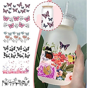 Pink UV DTF Cup Wrap, 1/7Sheets Flower Butterfly Coffee Cup Rub on Transfers for Glass Cups, UV DTF Cup Wrap Transfer Stickers Decals Waterproof Rub on Transfers for Glass Cups Crafts Vintage Iron-on