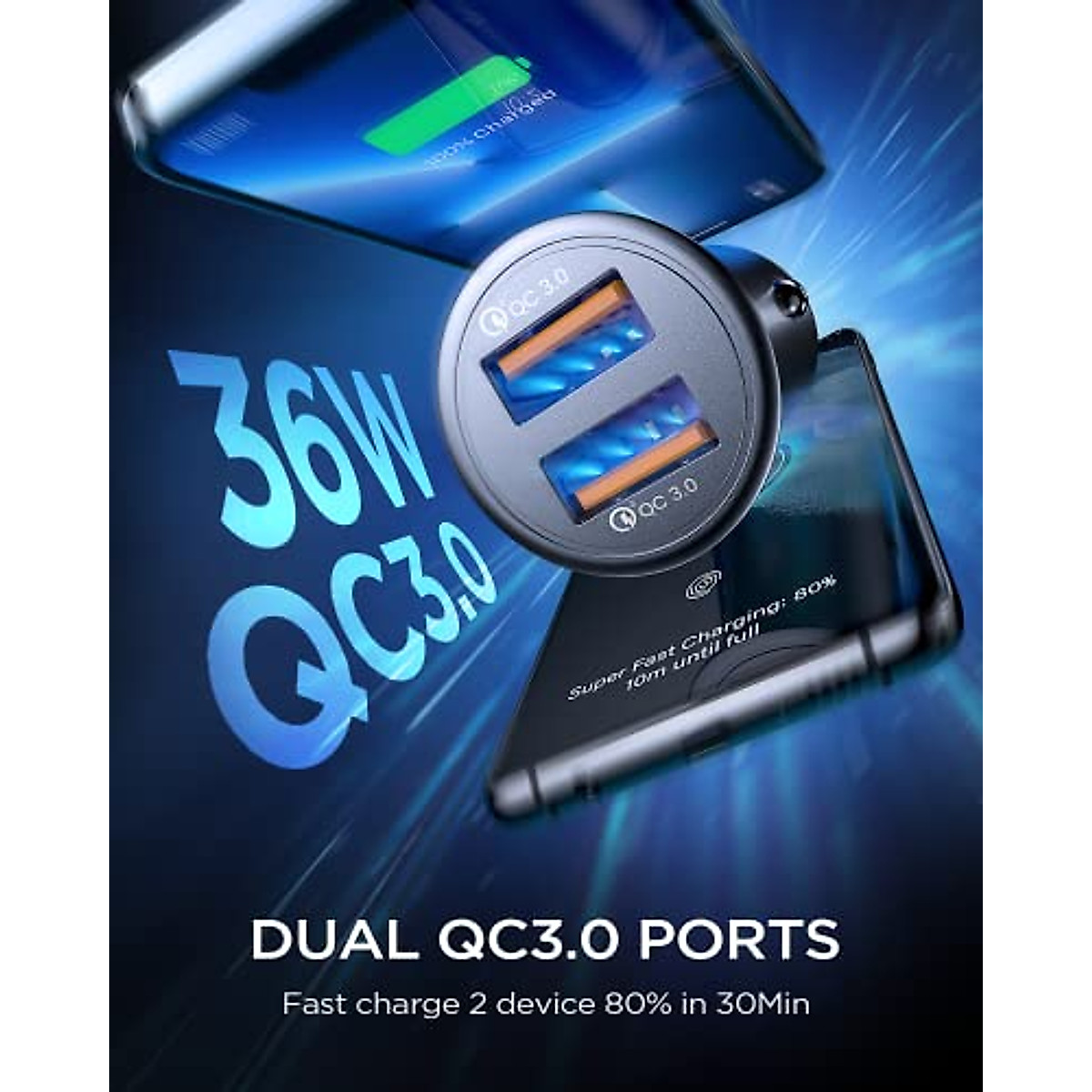 Fast Car Charger Adapter, 36W Super Mini AINOPE USB Car Charger Fast Charging [with 3.3ft USB C Cable] Dual QC3.0 All Metal Phone Charger Car Compatible with S21/S20/S10/S9, iPhone 13/12/11 pro/X/8