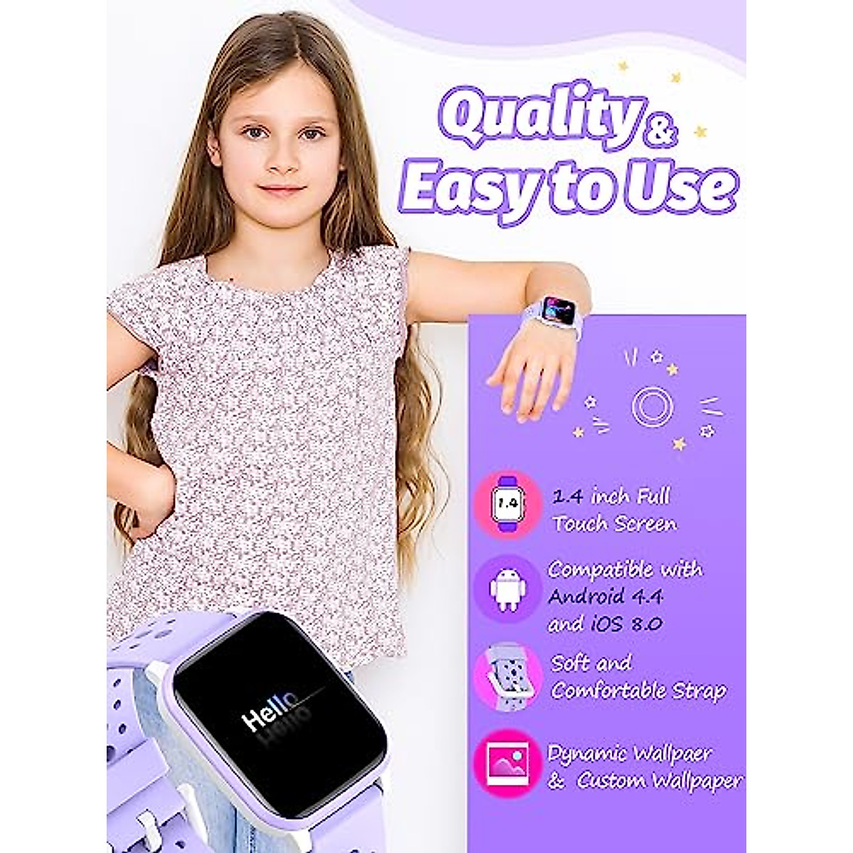 Butele Kids Smart Watch Girls Boys, Smart Watch for Kids Game Smart Watch Gifts for 4-16 Years Old with Sleep Mode 20 Sports Modes 5 Games Pedometer Birthday Gift for Boys Girls (Purple)
