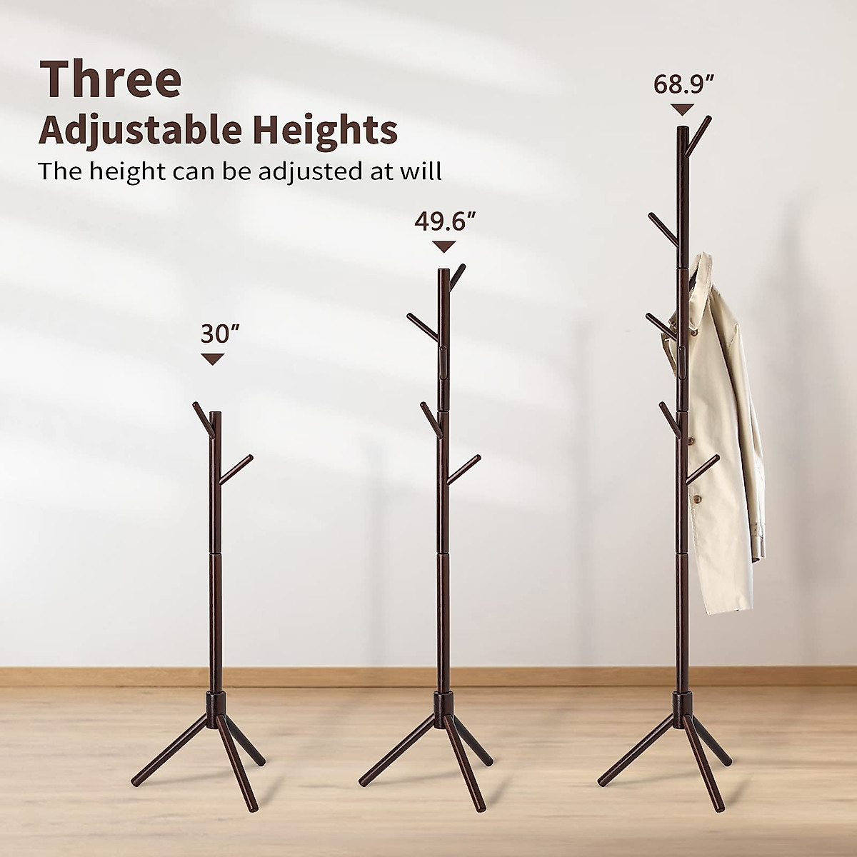 YOFU Coat Rack Sturdy Wooden Coat Rack Stand, Adjustable Coat Tree, Free Standing Tree Hanger with 3 Sections & 8 Hooks, for Home, Office, Bedroom, Entryways (Dark Walnut)