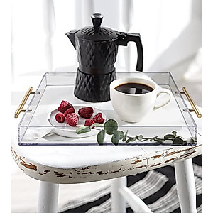 12"x16" Clear Acrylic Serving Tray with Golden Handles, Sturdy Huge Capacity Acrylic Tray for Coffee, Juice, Kitchen and Desk Organizer, Storage Tray (12"x16")