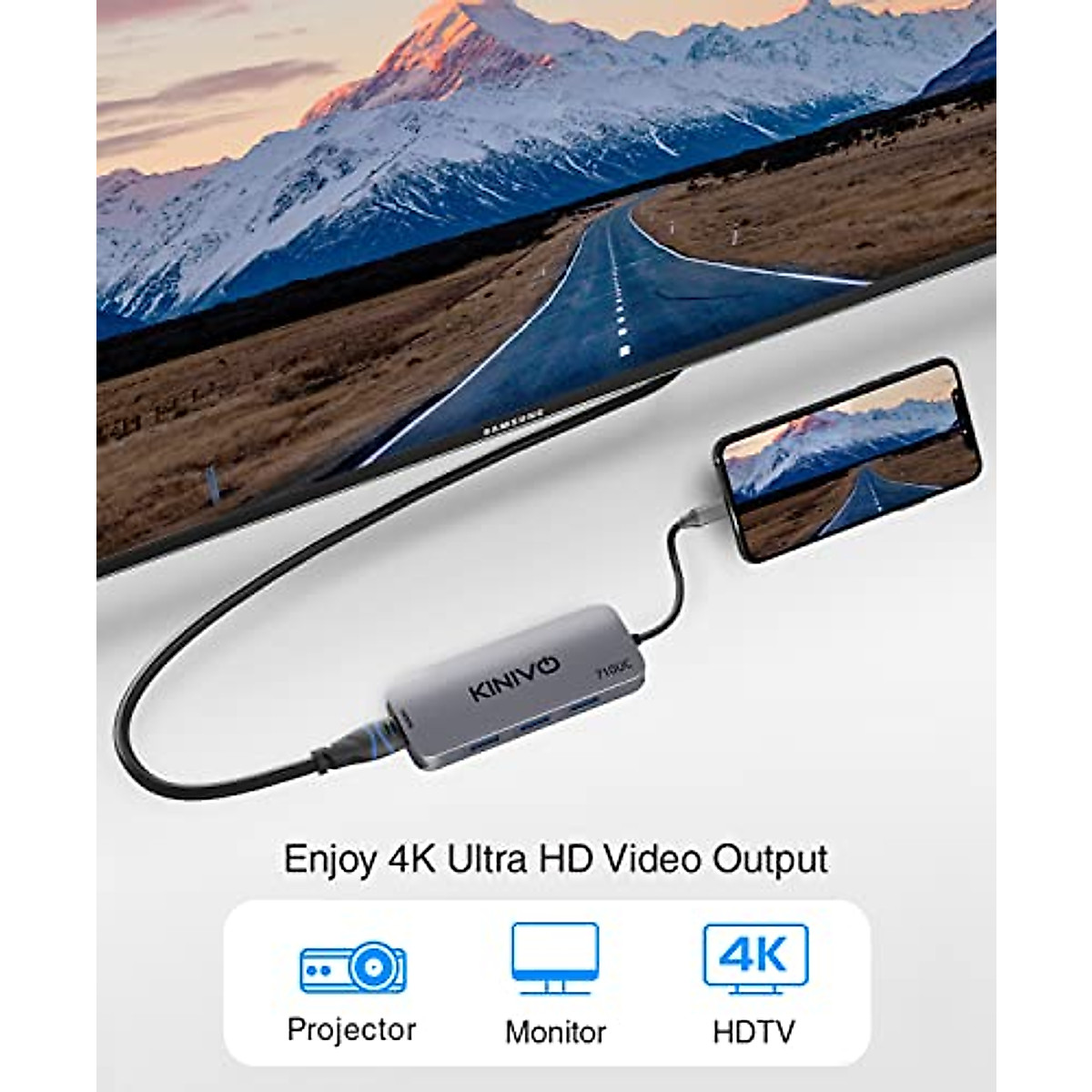 Kinivo 710UC USB C Hub (7 Port USB-C Adapter- 3 USB 3.0-5Gbps Data, 4K HDMI, 100W PD, SD, TF Card Reader) - Compatible with MacBook Pro Air (Thunderbolt 3), iPad Pro, Chromebook, XPS, Samsung