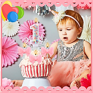 Conelist 6 Pcs 1 Birthday Candle Macaron Glitter 3D Number 1 Candles for First Birthday 2.95 Inch 1st Birthday Cake Topper with Pink Bow Shaped Candle for Party Wedding Anniversary Decoration