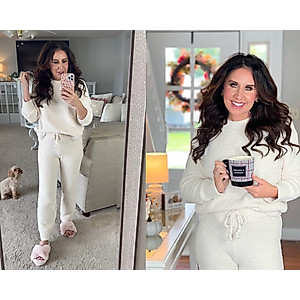 luvamia Women's Casual Solid Color Pajama Sets Long Sleeve Tops And Pants Long Pj Sets Joggers Loungewear Sleepwear Nightwear Womens Loungewear Set Cute 2 Piece Outfits For Women Beige Xx-Large