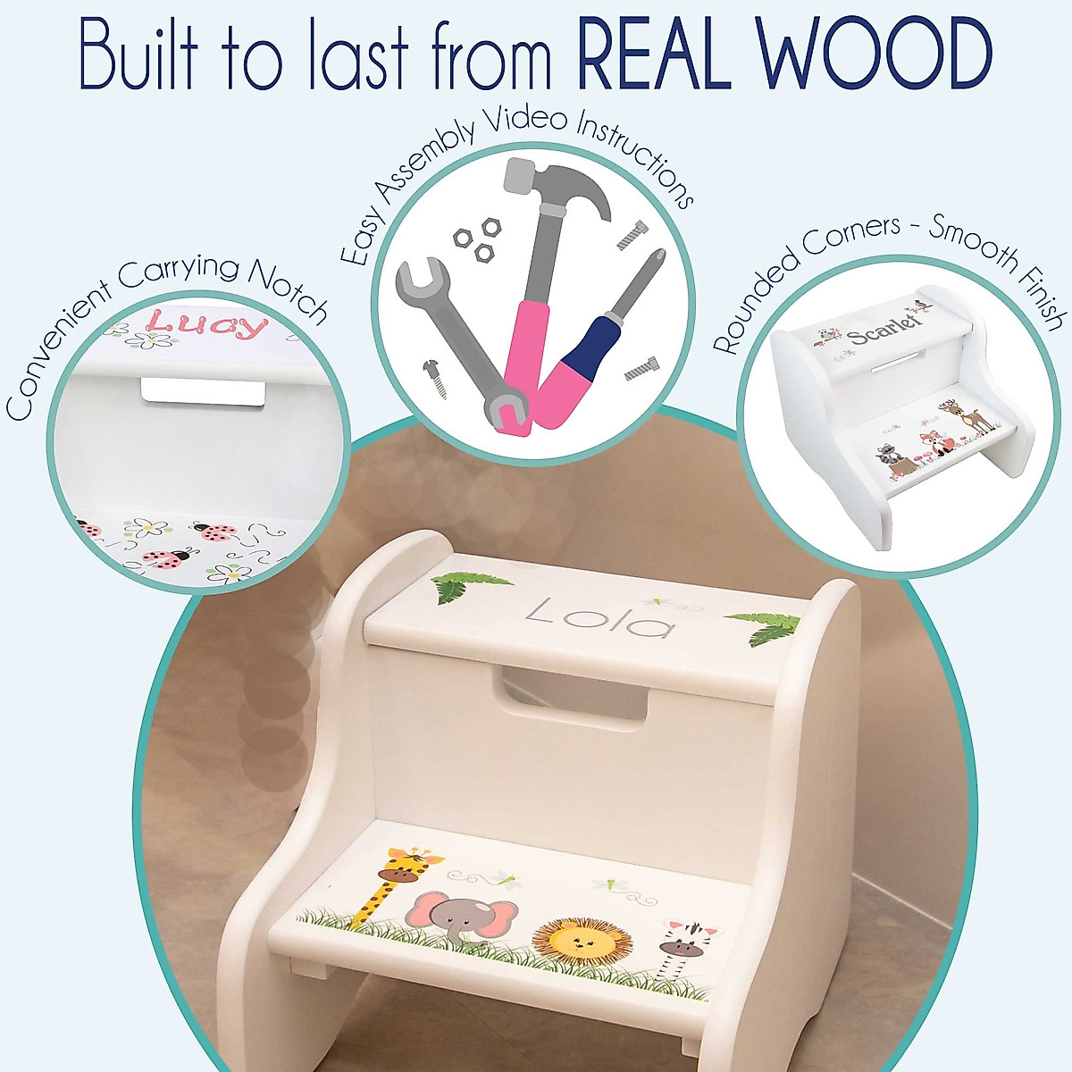 Personalized Blue Gingham Owl White Two Step Stool