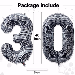 30 Balloon Number, 40 Inch Black Marble Foil Balloons Giant Jumbo Helium Number 30 Balloons for 30th Birthday Decorations Anniversary Events Boys Girls Party Decorations(Black Marble Agate)