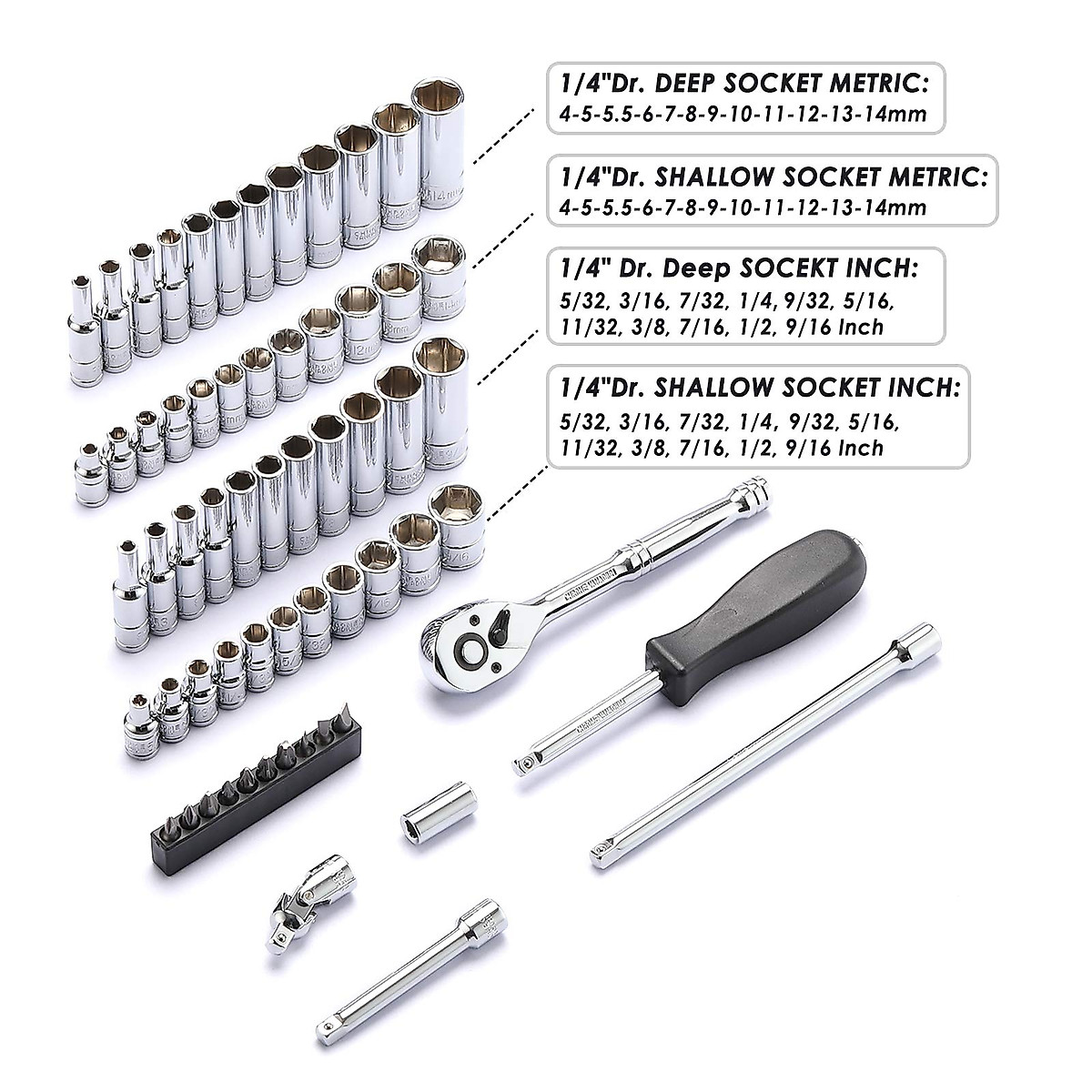 MIXPOWER 62-Piece 1/4-Inch Dr. Master Socket Set with Ratchets,Universal Joint, Extensions with 1/4'' Dr. Bits Set, SAE/Metric 6-Point 5/32-Inch - 9/16-Inch, 4 mm - 14 mm, CR-V Socket