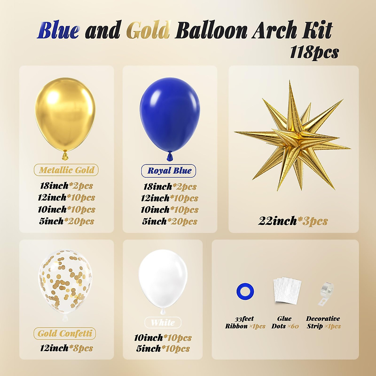 Royal Blue and Gold Balloon Garland Arch Kit, Blue and Gold Party Decorations with White Balloons Gold Confetti Latex Balloons for Anniversary Wedding New Year Graduation Birthday Party Decorations