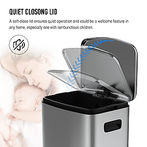 pouseayar 13 Gallon Stainless Steel Foot Pedal Trash Can with Soft Close Quiet Lid, Stainless-Steel Thickened Body Rectangular Garbage Can for Commercial/Kitchen/Home/Office Etc - Silver