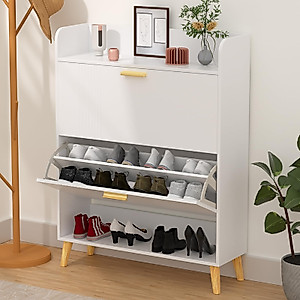 Garden 4 you Shoe Cabinet with 2 Flip Drawers, Freestanding Shoe Cabinet Organizer with Wooden Leg, Narrow Shoes Storage Cabinet for Entryway, Hallway, Living Room, Bedroom (White)