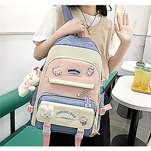 LaurelTree Kawaii Aesthetic Cute 5pcs School Bags Set with Accessories School Suppliers for Teens Girls Backpack Tote Bag (Blue)