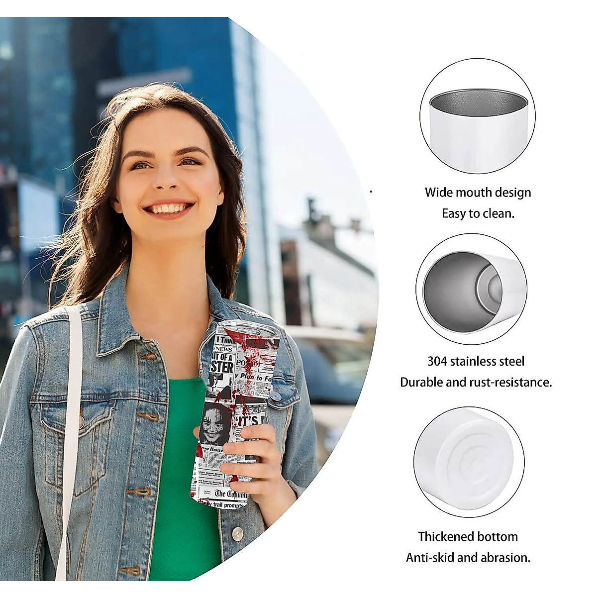 ATHAND Horror Cups Serial Horror Party Coffee Mug Serial Killer Halloween Gifts Newspaper Stories 20oz Skinny Tumbler With Lid Stainless Steel Travel Cup