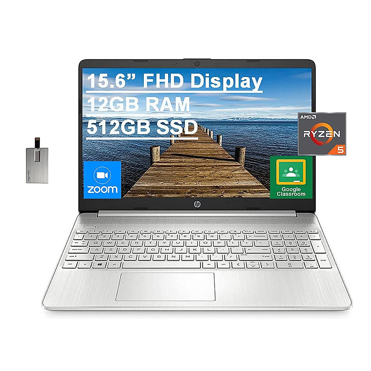 HP 2022 15.6" FHD Laptop Computer, AMD Ryzen 5-5500U Processor(Beats Intel i7-1065G7), 12GB RAM, 512GB PCIe SSD, AMD Radeon Graphics, HD Webcam, Bluetooth, Wi-fi, Win 10, Silver, 32GB USB Card