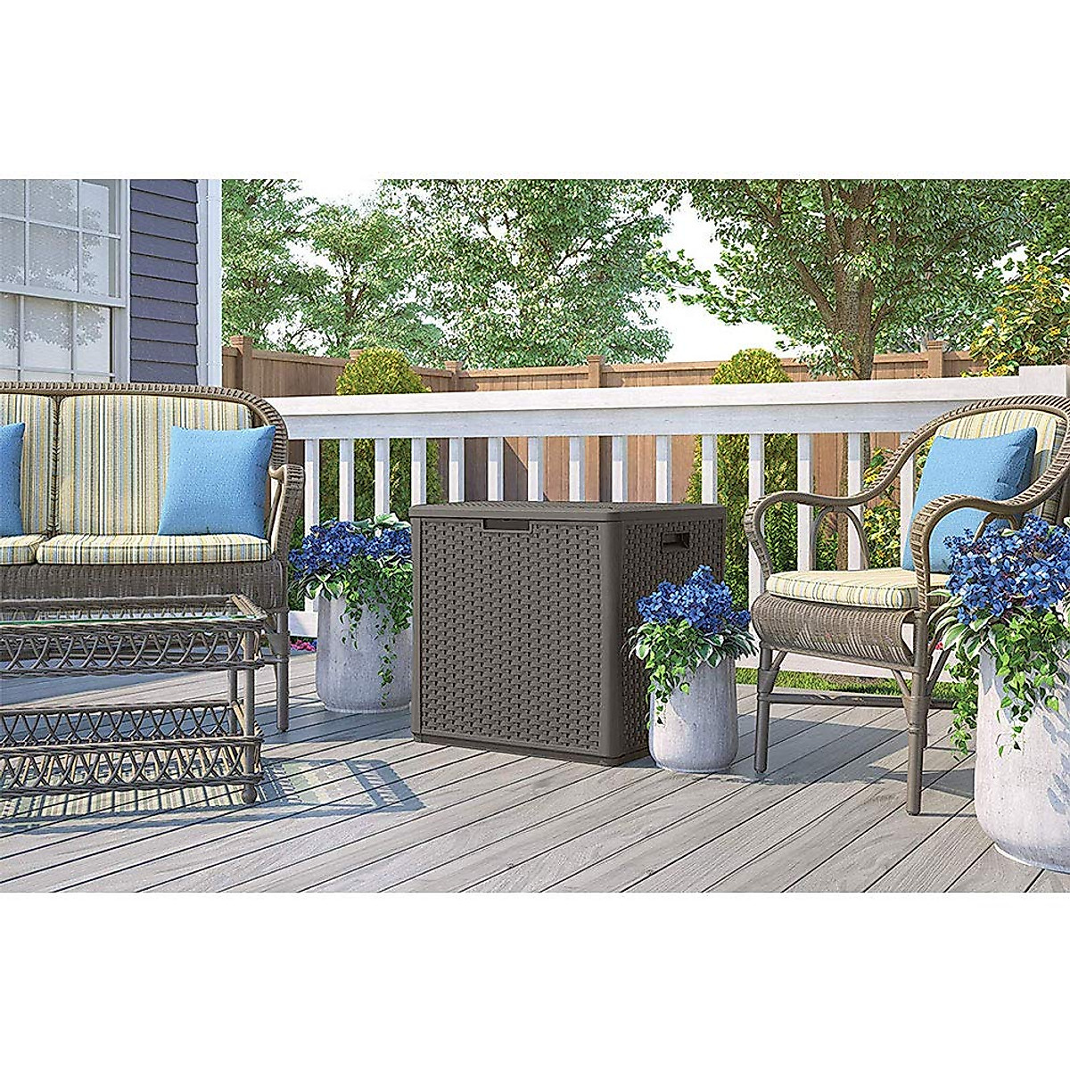 Suncast 60 Gallon Outdoor Weather Resistant Hard Plastic Storage Cube Deck Box Bin with Handles and Lid for Patio, Garden, or Shed, Stoney