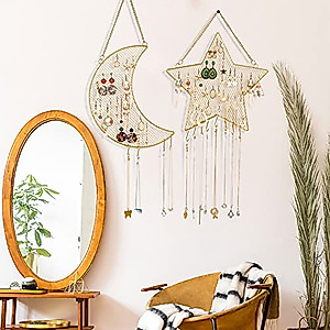 Rolin Roly Earring Wall Holder Wall Mounted Jewelry Rack Hanging Earring Organizer with3 Hooks Moon Shaped for Display Grid Golden Bracelet Necklace Ring