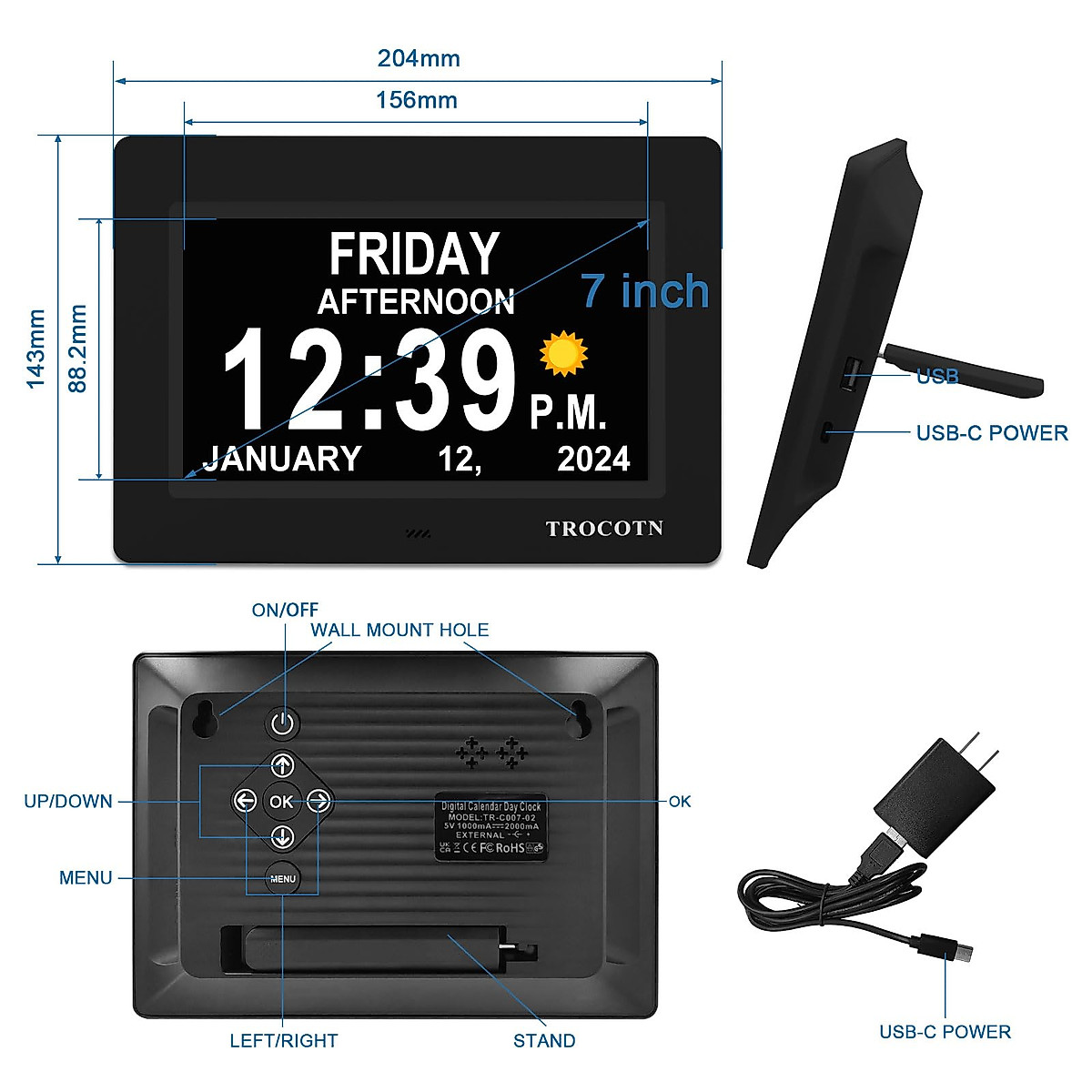 TROCOTN【Newest Dementia Clock Large Digital Clock for Seniors, Calendar Clock Large Display with custom Alarms,Wall Clock with Day & Date, Alarm Clock,Desk Clock (7 inch Black)