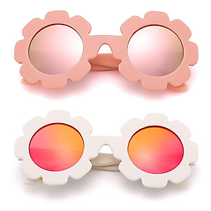 NULOOQ Polarized Baby Sunglasses with Strap – Flexible Flower Shaped Sunglasses for Toddler & Infant Age 0-24 Months (Pink/Pink Mirrored + White/Purple Red Mirrored) - 2 Pack