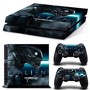 ZOOMHITSKINS Compatible for PS 4, Alien Black Blue Neon Lights Robots SciFi, Durable & Fit Vinyl, Made in The USA