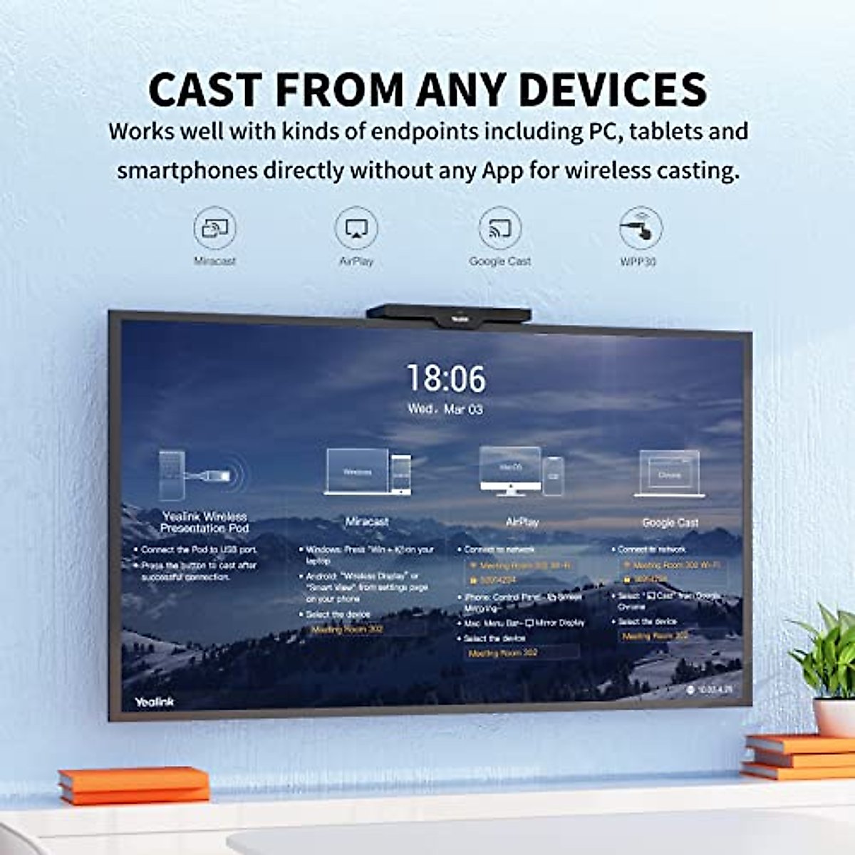 Yealink RoomCast Wireless HDMI Transmitter and Receiver 4K, Up to 4 Screens Casting Wireless Presentation System, Equipped with WPP30 Plug & Play, Collaboration with Yealink A20 A30, no App Needed