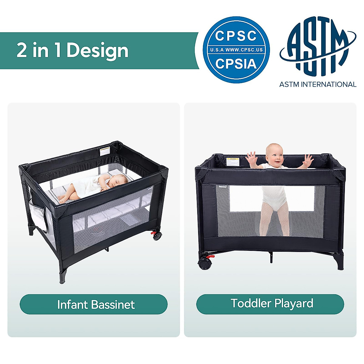 Babelio Pack and Play, One-Press Open Pack n Play with Bassinet, Portable Baby Playard for Travel