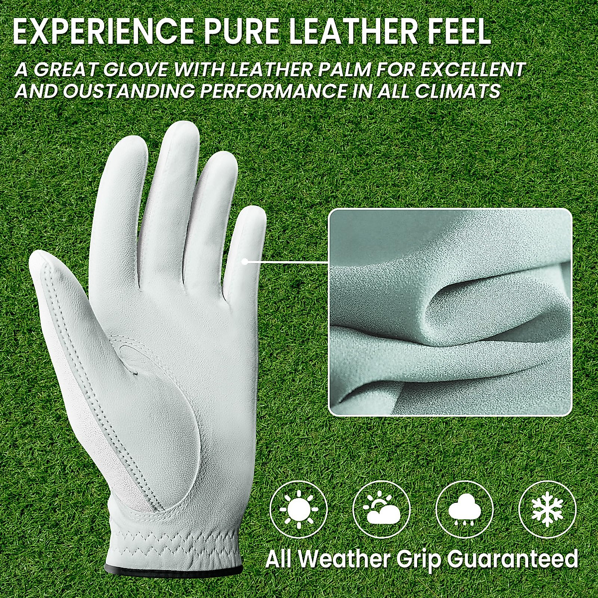 FINGER TEN Golf Gloves Men Right Left Handed Golfer 3/6 Pack Mens Golf Glove Left Right Hand Soft Cabretta Leather All Weather Grip Size S M ML L XL (White-3 Pack, Medium, Left)