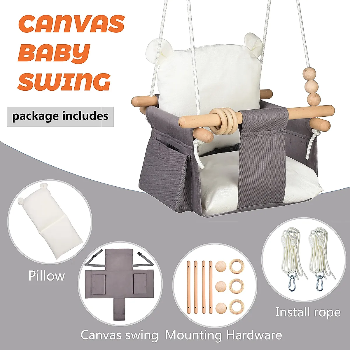 Canvas Baby Hanging Swing Baby Hammock Swings with 2 Side Pockets Safety Belt & Cotton Cushion Seat Infant Baby Swing Fabric Toddler Porch Swing Outside Hanging Baby Tree Swingoor Swings