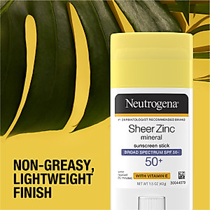 Neutrogena Sheer Zinc Oxide Mineral Sunscreen Stick with Vitamin E, Broad Spectrum SPF 50+ & UVA/UVB Protection, Water Resistant & Residue-Free Application, Paraben-Free, Dye-Free, 1.5 oz