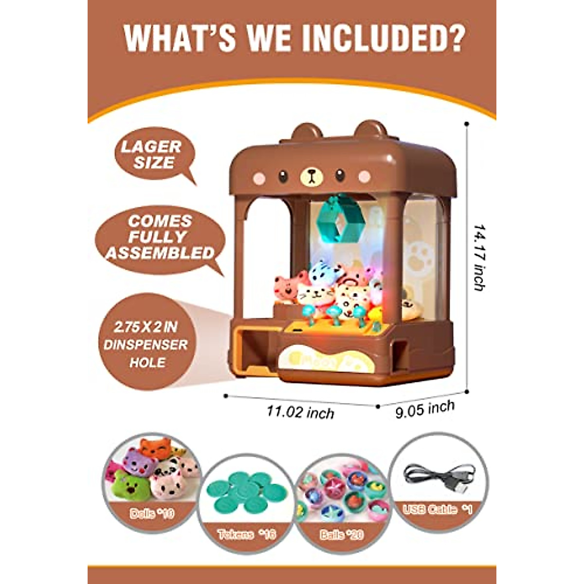 cxjoigxi Large Claw Machine for Kids Adults with Prizes, Adjustable Sound & Light, 2 Power Modes, Candy Mini Vending Crane Machines, Electronic Arcade Game Dispenser Toy for Girls Boys Gift - Bear