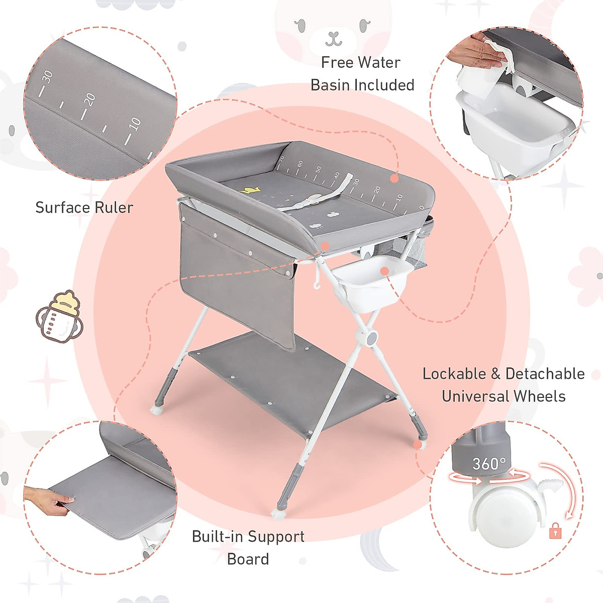 BABY JOY Portable Baby Changing Table, Foldable Diaper Changing Station w/Wheels, Adjustable Height, Large Storage Rack, Water Basin, Safety Belt, Mobile Nursery Organizer for Newborn Infant (Gray)