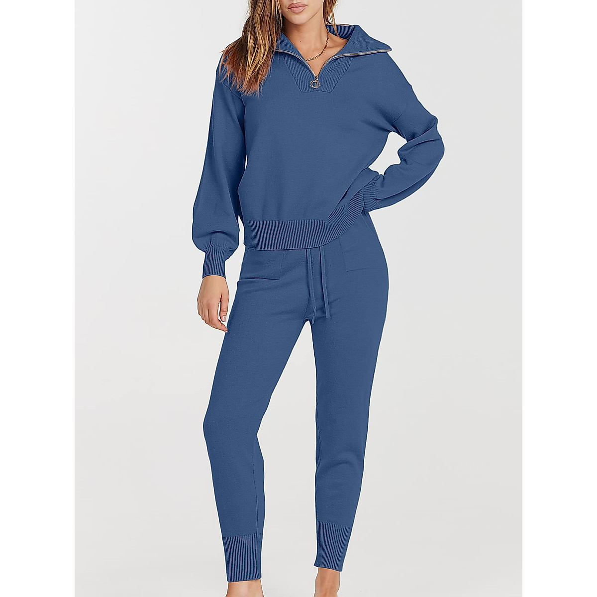 ANRABESS Women's Two Piece Outfits Sweater Sets Long Sleeve Zip Up Knit Pullover Jogger Pants Tracksuit 2024 Fall Lounge Sets Small